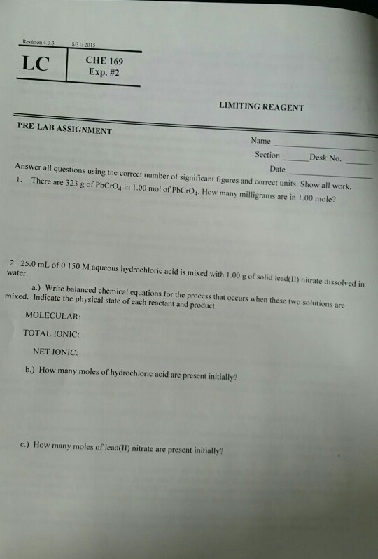 Solved CHE 169 Exp. #2 LIMITING REAGENT PRE-LAB ASSIGNMENT | Chegg.com