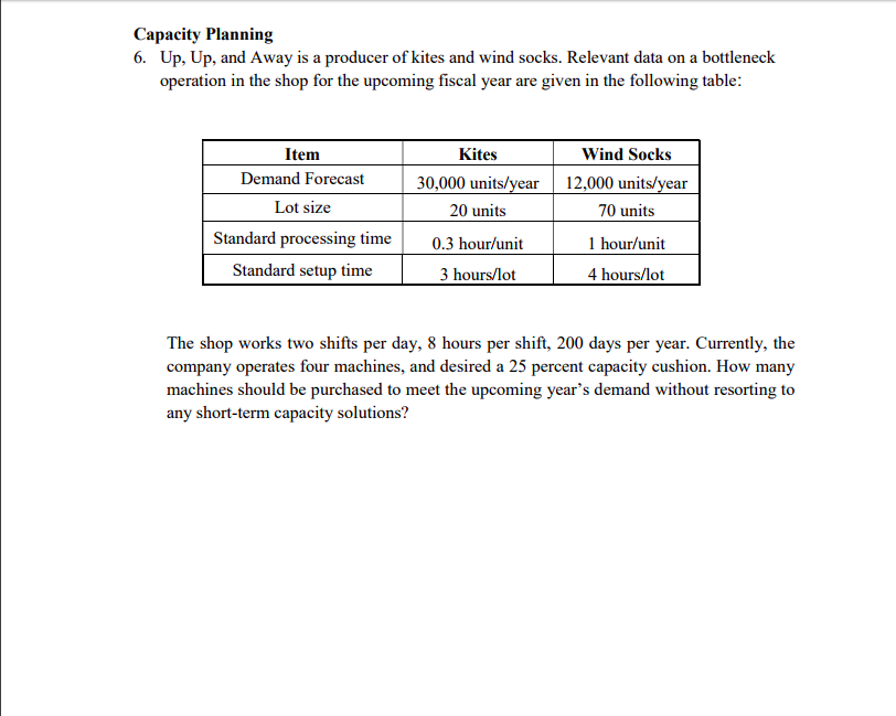 Solved Capacity Planning 6. Up, Up, and Away is a producer | Chegg.com