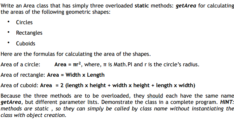Solved Write an Area class that has simply three overloaded | Chegg.com
