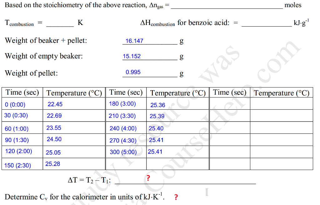 Solved Calorimeter Serial Number: CV:? kJ/K | Chegg.com