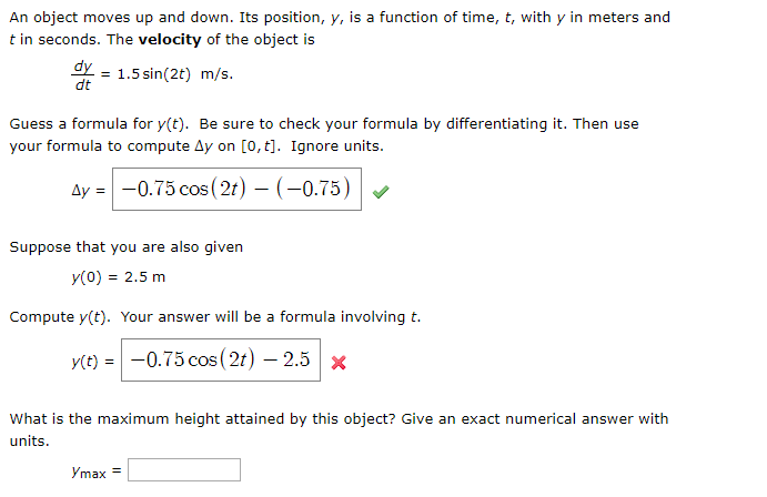 Solved An Object Moves Up And Down Its Position Y Is A