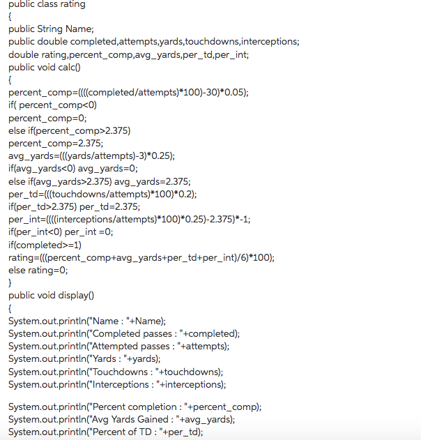 Solved NFL Quarterback Rating Formula The NFL rates its | Chegg.com