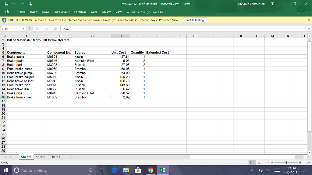Solved A hypothetical bill of materials is used in | Chegg.com
