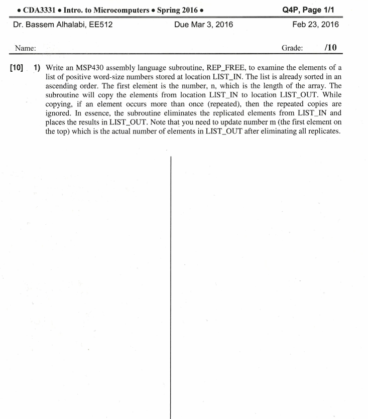 write an MSP430 assembly language subroutine, | Chegg.com