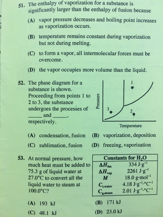 Solved The enthalpy of vaporization for a substance is | Chegg.com