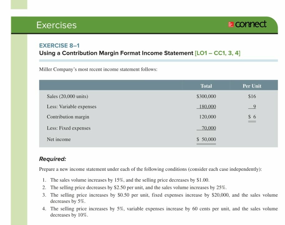 Solved Exercises EXERCISE 8-1 Using a Contribution Margin | Chegg.com