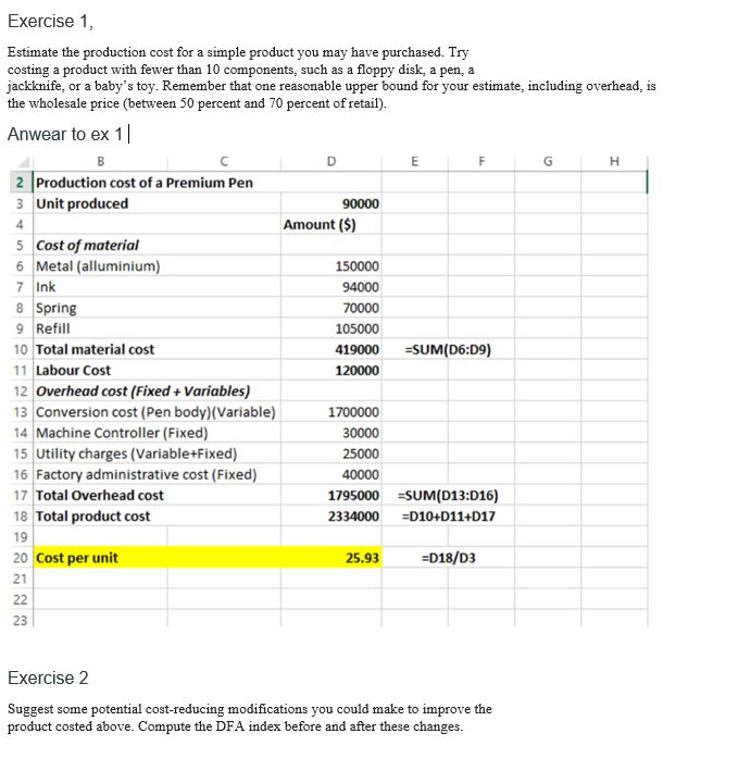 Solved Exercise 1, Estimate the production cost for a simple | Chegg.com