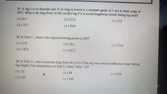 Solved 11. A log 2 m in diameter and 12 m long is towed at a | Chegg.com