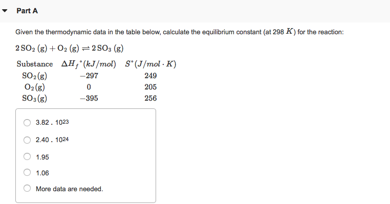 Solved Part A Given the thermodynamic data in the table | Chegg.com