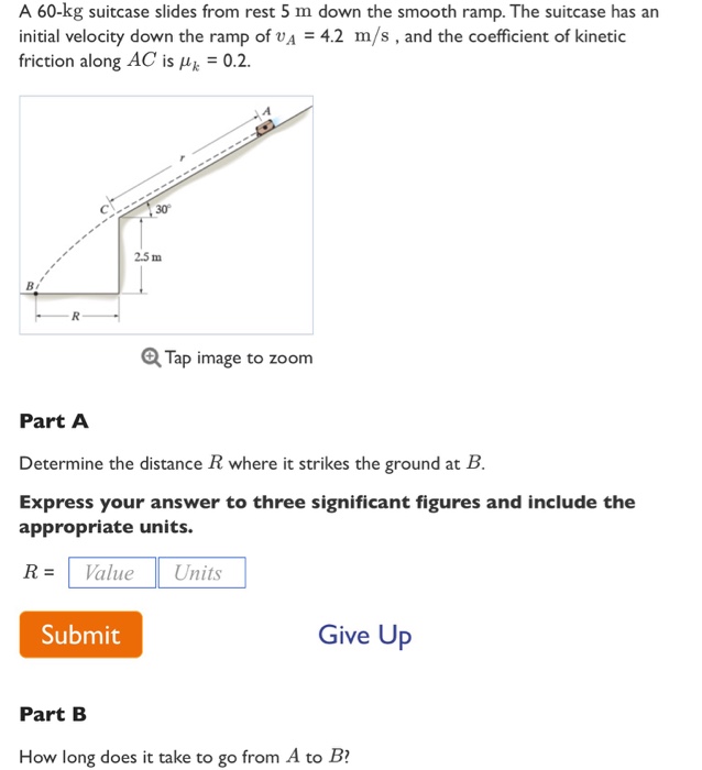 Solved A 60-kg suitcase slides from rest 5 m down the smooth | Chegg.com