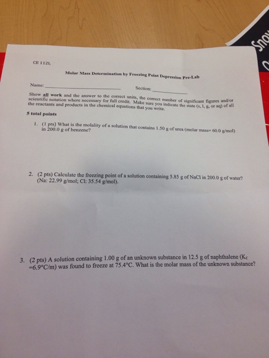 Solved CE 112L Molar Mass Determination by Freezing Point | Chegg.com