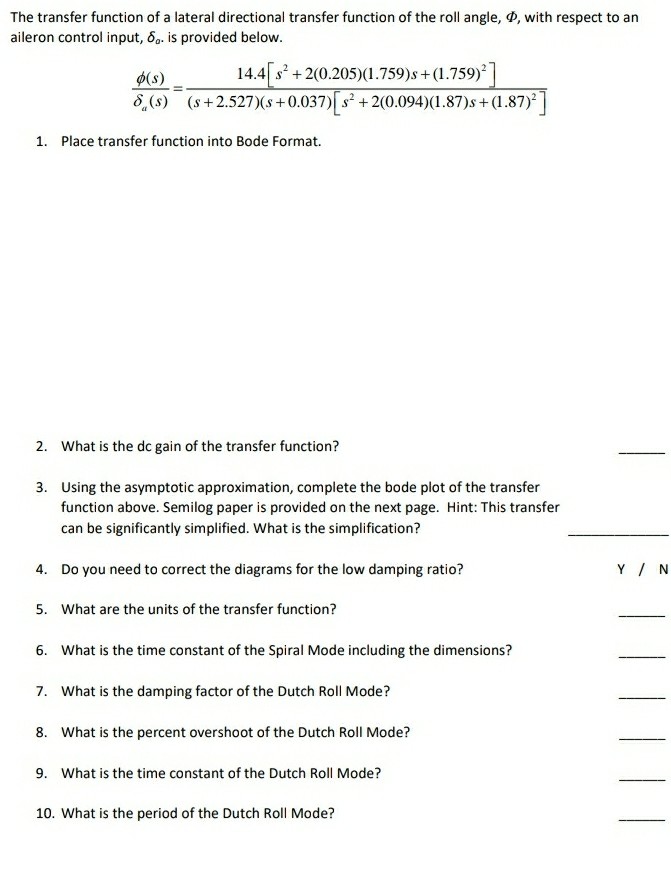 Solved The transfer function of a lateral directional | Chegg.com