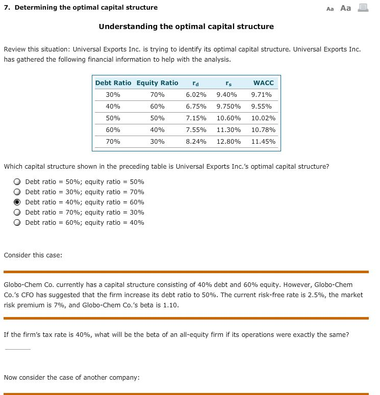 Solved 7. Determining the optimal capital structure Aa Aa | Chegg.com