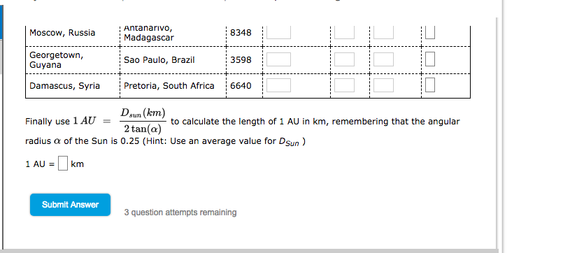 Solved 61g Determining the AU in Kilometers Earth Sun Dsun | Chegg.com