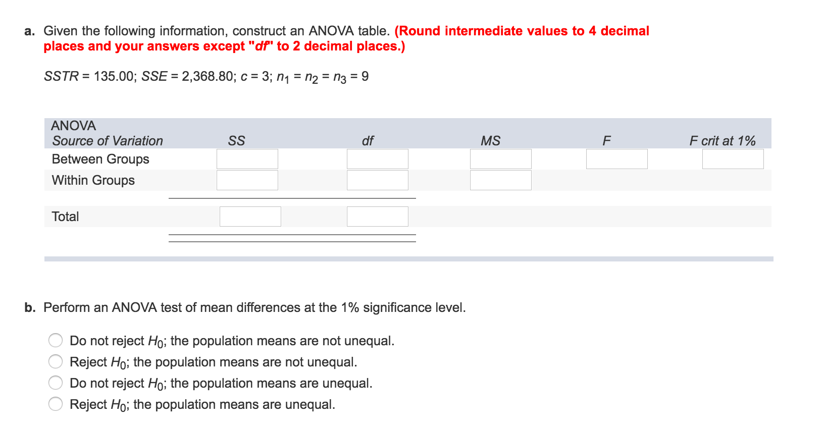 Solved Given the following information, construct an ANOVA | Chegg.com
