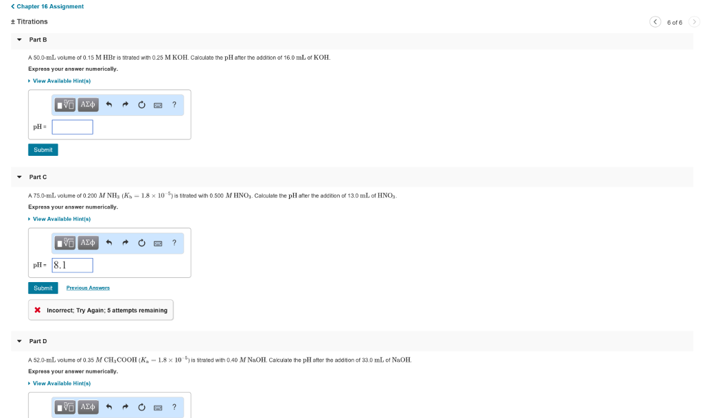 Solved K Chapter 16 Assignment Titrations 6 of 6 Learning | Chegg.com