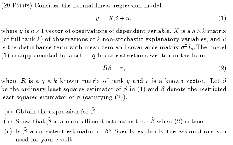 (20 Points) Consider the normal linear regression | Chegg.com