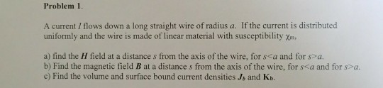 Solved Problem 1 A current I flows down a long straight wire | Chegg.com