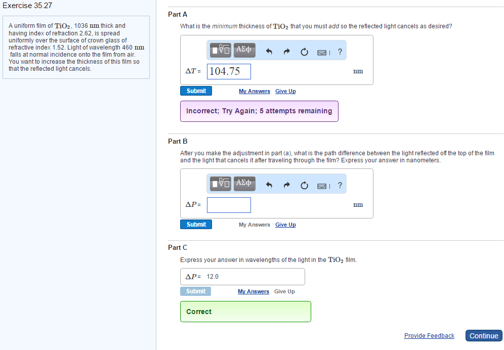 Solved A uniform film of TiO_2, 1036 nm thick and having | Chegg.com