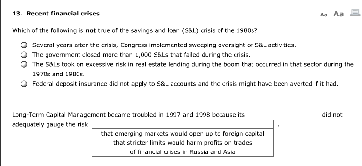 Solved 13. Recent financial crises Aa Aa Which of the | Chegg.com