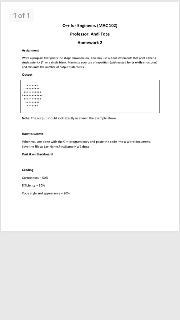 Solved 1 of 1 C++ for Engineers (MAC 102) Professor: Andi | Chegg.com