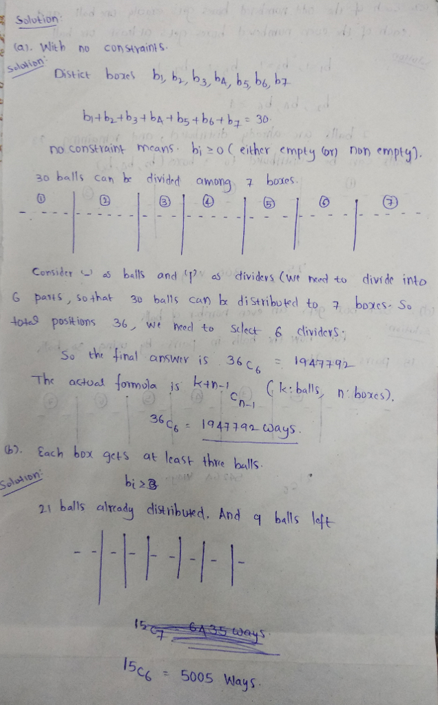 Discrete Math: In how many ways can 30 ident. balls be put in 7 ...