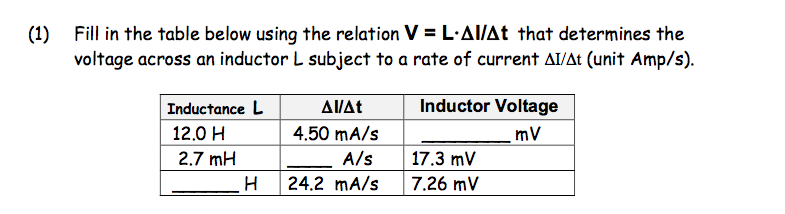 Solved Fill in the table below using the relation V = L | Chegg.com