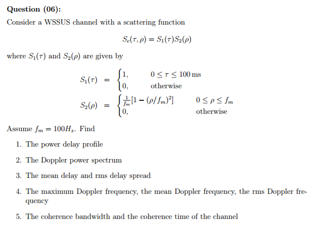 Consider a WSSUS channel with a scattering function | Chegg.com