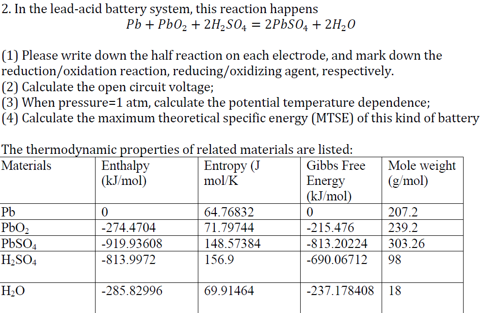 Solved In the lead-acid battery system, this reaction | Chegg.com