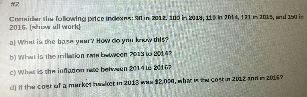 Solved Consider the following price indexes: 90 in 2012, 100 | Chegg.com