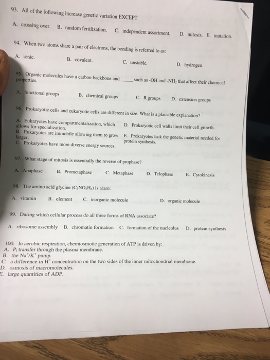 Solved 93. All of the following increase genetic variation | Chegg.com