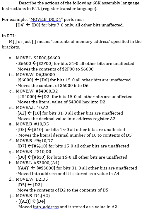 Solved Describe the actions of the following 68K assembly | Chegg.com