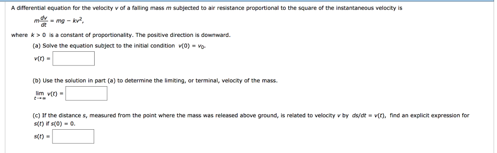 Solved Differential Equation Velocity V Falling Mass M Subjected Solved Differential Equation Velocity V Falling Mass M Subjected