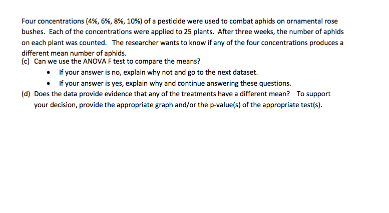 Four concentrations (4%, 6%, 8%, 10%) of a pesticide | Chegg.com