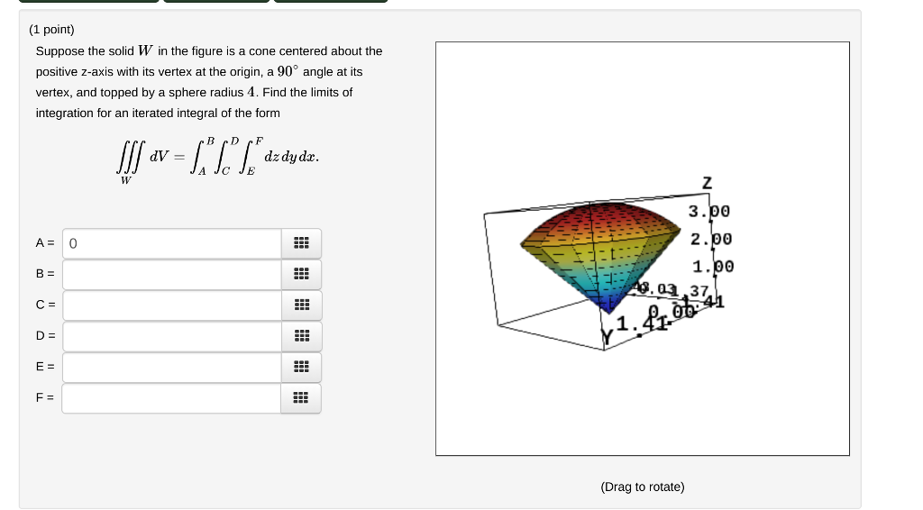 Solved (1 point) Suppose the solid W in the figure is a cone | Chegg.com