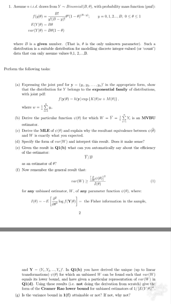 Solved Assume n i.i.d. draws from Y ~ Binomial (B, theta), | Chegg.com