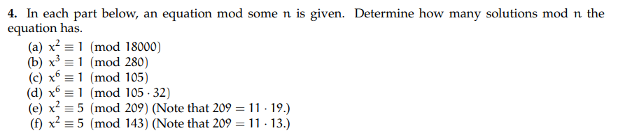Solved 4. In each part below, an equation mod some n is | Chegg.com