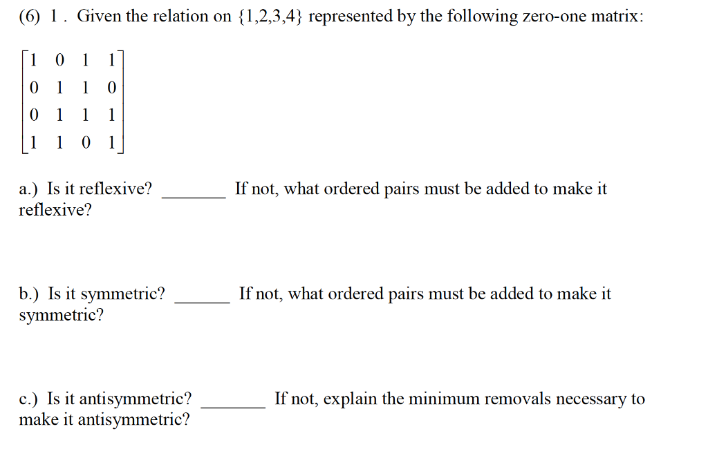 Solved (6) 1. Given the relation on 1,2,3,4) represented by | Chegg.com