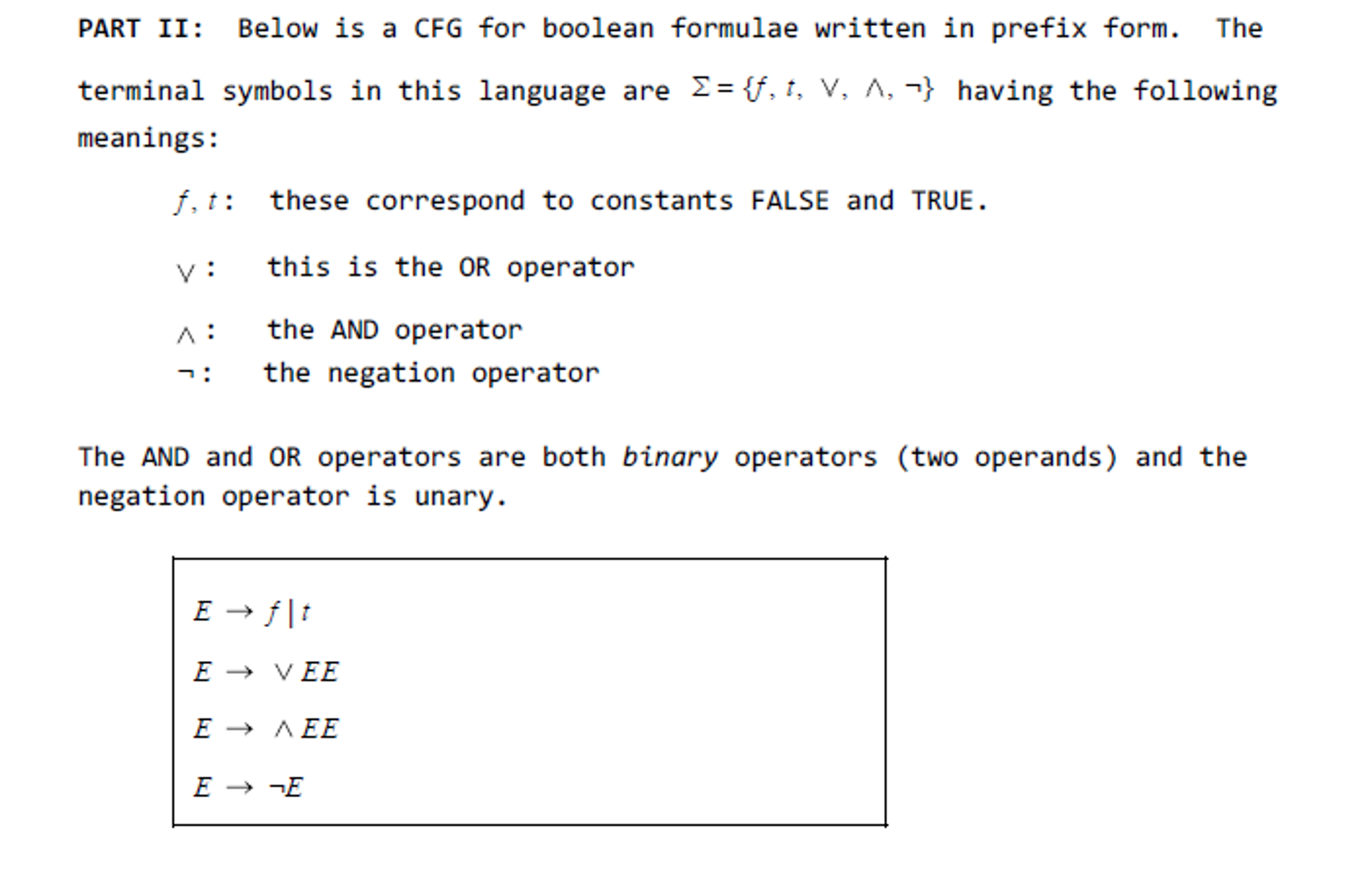 A CFG for boolean formulae written in prefix form. | Chegg.com