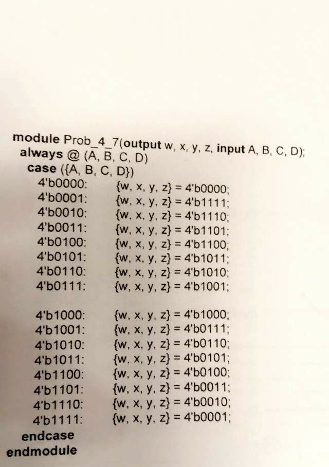 module Prob_4_7(output w, x, y, z, input A, B, C, D) | Chegg.com