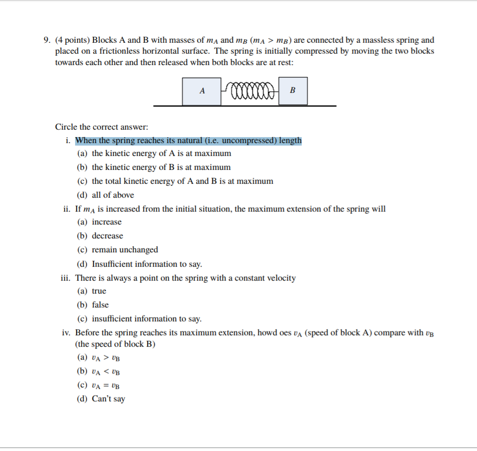 Solved 9. (4 points) Blocks A and B with masses of ma and mb | Chegg.com