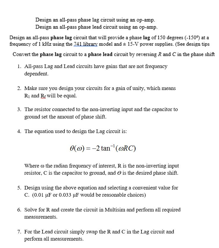 Solved Design an all-pass phase lag circuit using an op-amp. | Chegg.com