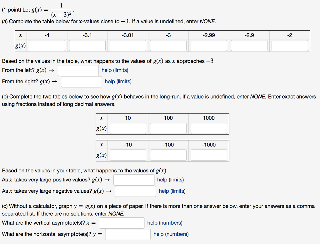 Solved Let g(x) = 1/(x + 3)^2. (a) Complete the table below | Chegg.com