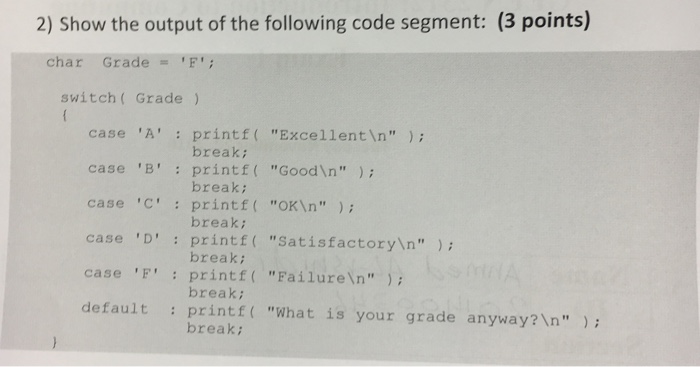 Solved Show the output of the following code segment: char | Chegg.com