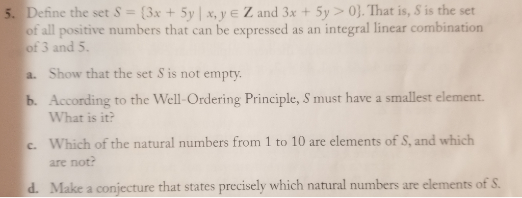 Solved 5. Define the set S = {3x + 5y | x, y E Z and 3x + 5y | Chegg.com