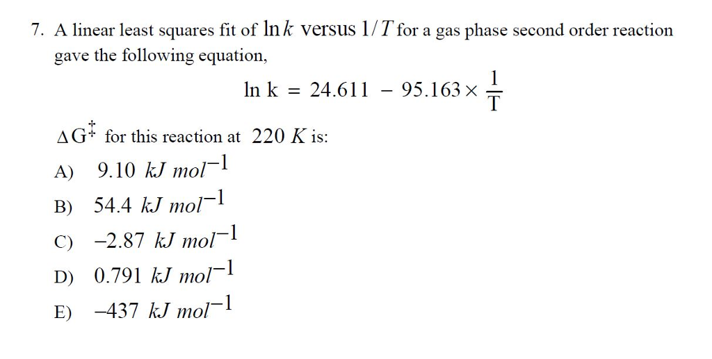 Solved A linear least squares fit of ln k versus 1/T for a | Chegg.com