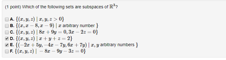 Solved (1 point) Which of the following sets are subspaces | Chegg.com