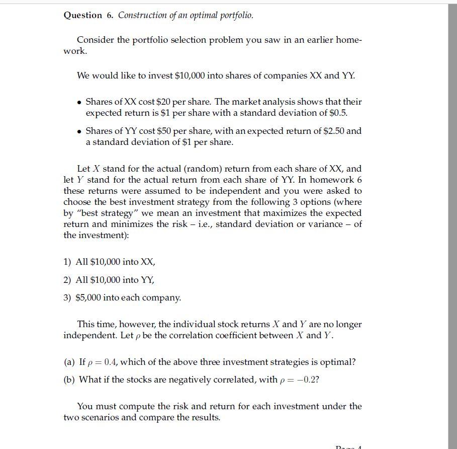 Question 6. Construction of an optimal portfolio | Chegg.com