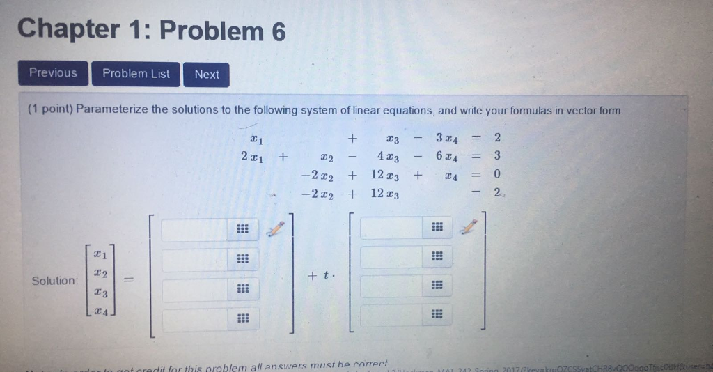 Solved Parameterize the solutions to the following system of | Chegg.com