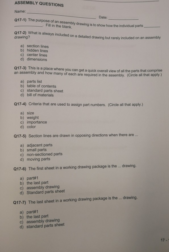 Solved ASSEMBLY QUESTIONS Name Date: he purpose of an | Chegg.com